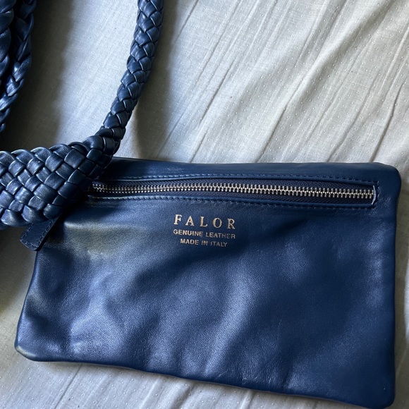 Falor | Bags | Falor Italy Leather Woven Tote With Pouch Navy Blue ...